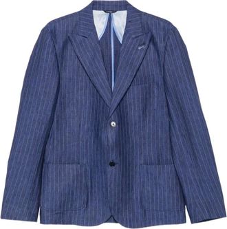 Daniele Alessandrini Homme, Costumes, Bleu, Taille: 2XL 115 Giacca Gessata Lino Sabbia