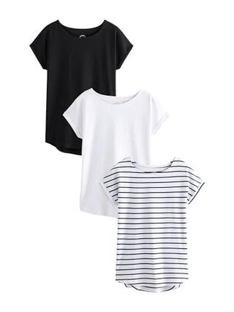 Next Femme, T-Shirts &agrave; Manches Courtes, 100% Coton (Lot de 3) Noir/Blanc/Rayure 42