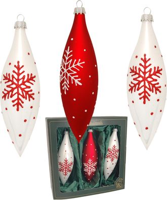 Krebs Glas Lauscha Weihnachtsdekoration/Christbaumschmuck aus Glas - Oliven Schneeflockendesign - Farbe: Rot/Wei&szlig; - Menge: 3 St&uuml;ck - Gr&ouml;&szlig;e: ca. 15 cm