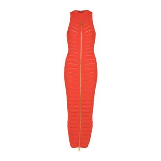 Balmain Robe longue sans manches en maille crocodile - Femme - Robes - Rouge - Taille: 40 FR