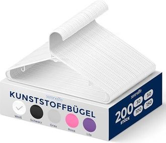 SereneLife Kleiderbügel Weiß Kunststoff - 200 Stück, 41 cm, 0,6 cm dünn | rutschfest & platzsparend Ultradünne Hangers für Haushalt, Geschäft & Gewerbe