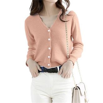 Generic Cardigan tricot&eacute; &agrave; col en V pour femme - Manches longues - Solide - D&eacute;contract&eacute; - Mince, rose, Taille Unique