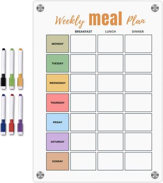 Generico Tafel f&uuml;r Mahlzeiten, magnetisch, Acryl-Kalender f&uuml;r die Zubereitung von Mahlzeiten, mit 6 farbigen Stiften, l&ouml;schbarer Men&uuml;planer und Einkaufsliste z