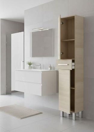 Dmora S&auml;ulenschrank Wilmington, Badezimmerwandschrank mit 2 T&uuml;ren und 1 Schublade, hoher Kleiderschrank, 35x31h182 cm, Eiche