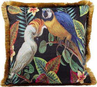 Kare Design Design Kissen Birds Paradise, Mehrfarbig, Papageien Motiv, Samtoptik, mit Fransen, Zierkissen mit Füllung, Dekokissen mit Reißverschluss, Sofakissen, 