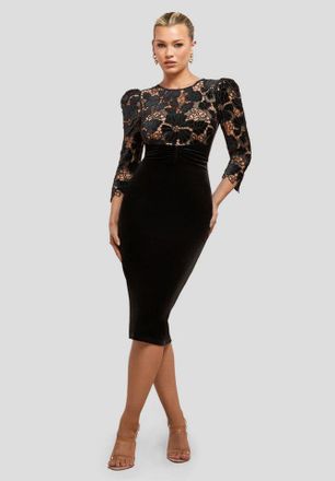 Goddiva Midikleid Scalloped Crochet & Velvet Midi Dress knielang