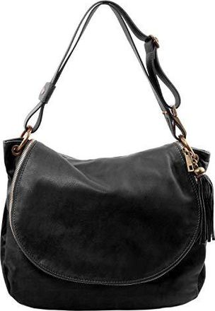 Tuscany Leather TLBag Sac bandoulière besace en cuir souple avec pompon Noir