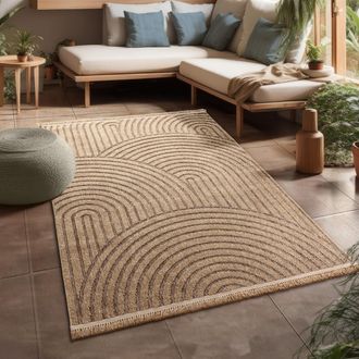 Paco Home Hochwertiger Outdoor Teppich Wetterfest & Pflegeleicht Jute-Sisal-Optik mit Fransen & Hoch-Tief-Effekt Langlebig für Terrasse, Balkon, Garten & Küche,