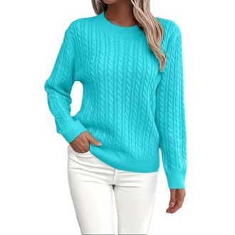Generic Pull pour femme en tricot torsad&eacute; textur&eacute; de couleur unie col rond &agrave; manches longues pull confortable coupe d&eacute;contract&eacute;e pour automne, hiver, tenue d&eacute;