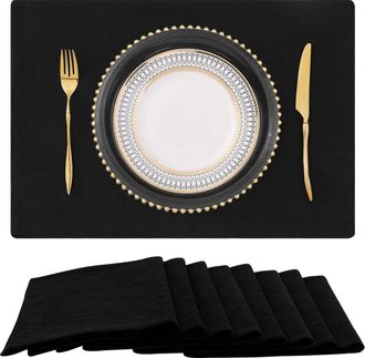 Homing Tischsets aus Baumwollleinen, waschbar, Bauernhaus-Esstischmatten f&uuml;r drinnen und drau&szlig;en, leicht zu reinigen, schwarz, 33 x 48 cm, 8 St&uuml;ck