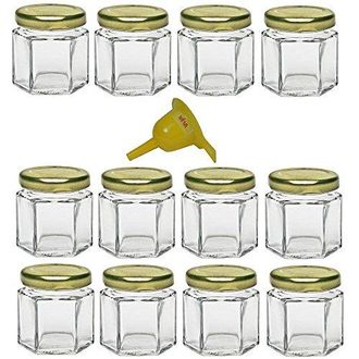 Viva Haushaltswaren 12 x Mini Einmachglas 47 ml mit goldfarbenem Deckel, sechseckige Glasdosen als Marmeladengl&auml;ser, Gew&uuml;rzdosen, Gastgeschenk etc. verwendbar (inkl. Tric