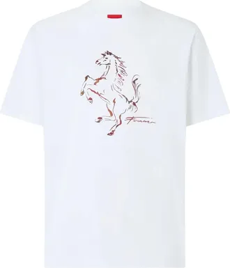 Ferrari Homme, Tops, Blanc, Taille: M T-shirt en coton avec imprim&eacute; Cheval cabr&eacute;