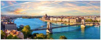 Wallario Glasbild Metropole an der Donau - 50 x 125 cm Wandbilder Glas in Premium-Qualit&auml;t: Brillante Farben, freischwebende Optik