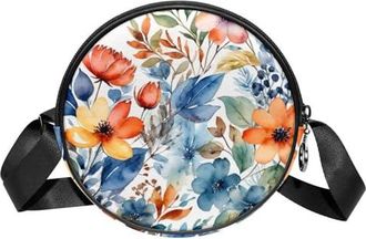 Generic Petit sac &agrave; bandouli&egrave;re circulaire pour femme, motif feuilles florales, sac &agrave; dos avec fermeture &eacute;clair, bretelles r&eacute;glables, sac &agrave; main rond d&eacute;contra