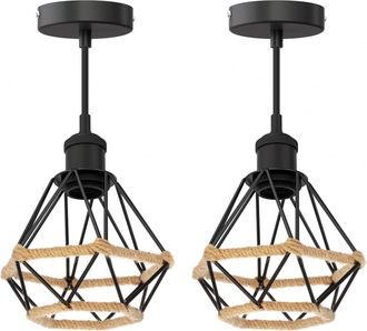 LEDs Com 2 Stück Vintage Pendelleuchte RETRA, schwarz, E27 Fassung, Käfig-Schirm, schwarz mit Hanf, 155mm Ø