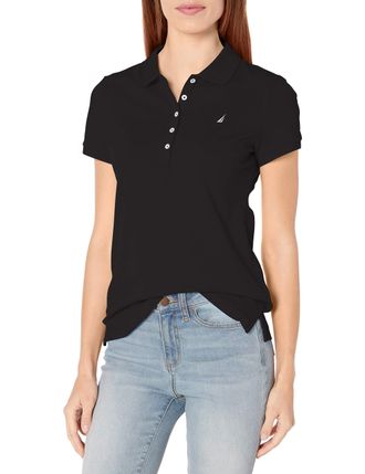 Nautica Damen 5-knopf-Kurzarm-Poloshirt aus 100% Baumwolle, Atmungsaktiv Polohemd, True Black, X-Klein