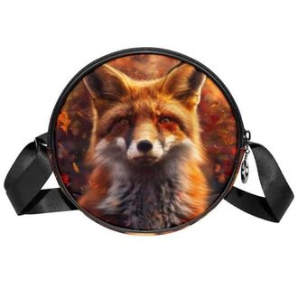 Generic Petit sac &agrave; bandouli&egrave;re circulaire pour femme, motif feuilles dautomne, renard, sac &agrave; dos avec fermeture &eacute;clair, bretelles r&eacute;glables, sac &agrave; main rond 