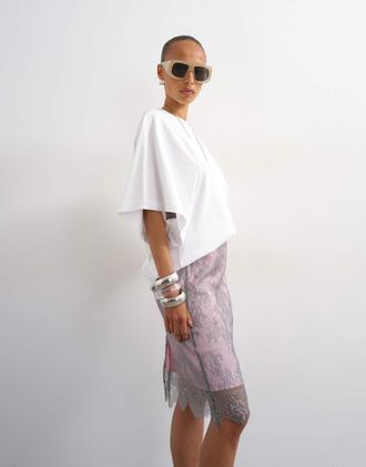 Topshop Jupe mi-longue en dentelle &agrave; empi&egrave;cement rose - Gris