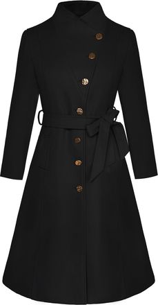 Grace Karin Damen Wintermantel Revers Einreihig Knielang Trenchcoat A-Linie Jacke Outwear mit Gürtel Taschen Schwarz XXL