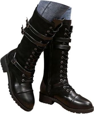 Generic Bottes montantes pour femme - Bottes déquitation montantes à lacets et fermeture éclair avec boucles - Bout rond - Cuir denim épais - Talons bas - Sty