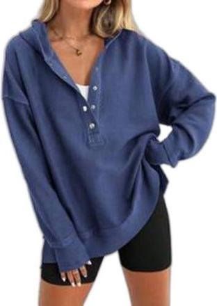 Generic Sweat &agrave; capuche surdimensionn&eacute; &agrave; manches longues pour femme - L&eacute;ger - Col en V boutonn&eacute;, bleu marine, XXL