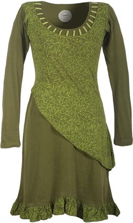 vishes Alternative Bekleidung - Langes Asymmetrisches Damen Lagenkleid Baumwolle Runder Ausschnitt Olive 42