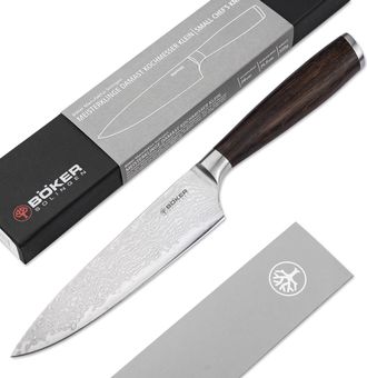 B&ouml;ker SOLINGEN Meisterklinge Damast Kochmesser Klein - Profi K&uuml;chenmesser mit Holz-Griff aus R&auml;ucher-Eiche - kleines Damaskus Chef-Messer mit scharfer 14,5 