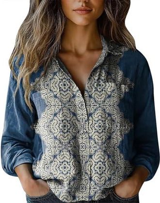 Generic HUIFUAO Chemise Femme Lin Coton Manche Longue Shirt Grande Taille Chemise et Blouses Chic et &eacute;l&eacute;gant Haut Basique Imprim&eacute; Tunique Tops avec Poche (A01