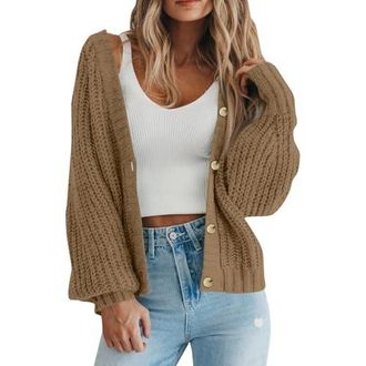 Generic Pull en tricot épais ouvert sur le devant pour femme, manches longues, cardigan court ample pour superposition décontractée, camel, XXL