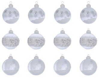 Decoris Weihnachtskugeln mit Motiven Glas 8cm x 12 St&uuml;ck gef&uuml;llt Glitzer Christbaumkugeln klar wei&szlig;