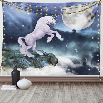Abakuhaus Einhorn Wandteppich, Kreatur auf Klippen Felsen im Vollmondlicht Himmel Fantasy Design Kunstdruck, aus Weiches Mikrofaser Stoff Wand Dekoration F&uuml;r Sc