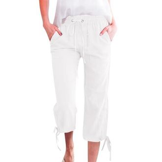 Generic Pantalon 3/4 d&eacute;t&eacute; pour femme - Pantalon en lin pour femme - Pantalon d&eacute;t&eacute; l&eacute;ger avec cordon de serrage - Poches - Taille haute - Pantalon de loisirs -
