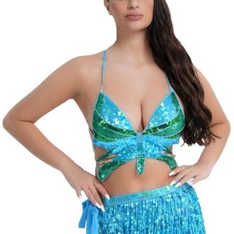 Generic V&ecirc;tements de yoga pour femme avec paillettes et papillons avec col, bleu ciel, taille unique