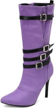 Generic Bottes tendance &agrave; enfiler pour femme - Bout pointu - Talon haut - Mi-mollet - Chaussures dhiver d&eacute;contract&eacute;es, violet, 37.5 EU