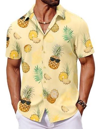 Coofandy Chemise hawa&iuml;enne &agrave; manches courtes pour homme - Chemise d&eacute;t&eacute; boutonn&eacute;e Aloha, Ananas jaune., L