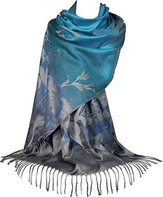 GFM design de fleurs Echarpe style Pashmina (FRL1) S1-bleu sarcelle gris (Pash-2026-TNLBH)