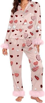 Generic Ensemble de pyjama 2 pi&egrave;ces en satin de soie pour femme avec bordure en plumes, chemise boutonn&eacute;e, pantalon de d&eacute;tente, ensemble de pyjama 2 pi&egrave;ces av