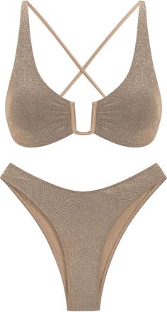 Zaful Zweiteiliger Damen-Badeanzug, strukturiert, U-Draht, Metall, Criss Cross String, Bikini, hohes Bein, Shine-light Coffee-1, Large