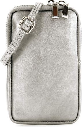 modamoda.de T197 Damen Leder Handytasche 6,7 Zoll Umh&auml;ngetasche handmade in Italy, Farbe:Grau-Metallic