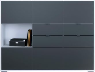 Vladon Highboard Milano V2, Sideboard mit 6 Türen und 4 Schubladen Anthrazit matt, Made in Germany, Korpus Weiß matt (152,5 x 118x 37 cm)