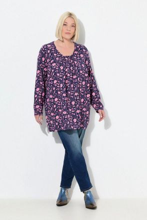 Ulla Popken T-Shirt Shirt Zierfalten A-Linie Carree-Ausschnitt Langarm
