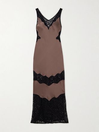 SIMKHAI Slipdress Aus Gl&auml;nzendem Cr&ecirc;pe Mit Spitzenbes&auml;tzen - Braun