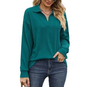 Generic Pull &agrave; revers tendance pour femme - Col en V - Ample et confortable - Pour lhiver - Chemises de sport, Vert, XXL