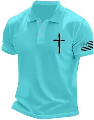 Generic Hommes Croix Chrétienne & Drapeau USA Polo - Vêtements de golf à manches courtes Haut décontracté patriotique pour le 4 juillet, bleu ciel, 3XL