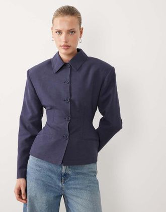Asos Taillierter Blazer in Leinenoptik in Graphit mit Knopfleiste-Grau