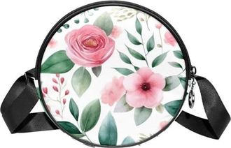 Generic Petit sac &agrave; bandouli&egrave;re circulaire pour femme, motif feuilles florales, sac &agrave; dos avec fermeture &eacute;clair, bretelles r&eacute;glables, sac &agrave; main rond d&eacute;contra