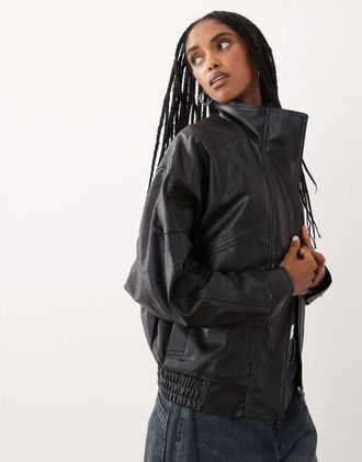 Cotton On Bomber en similicuir avec col chemin&eacute;e - Noir