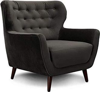 Cavadore Sessel Abby / Retro-Polstersessel im Samt-Look mit Knopfverzierung / 87 x 89 x 88 / Samtoptik, grau