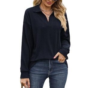 Generic Pull &agrave; revers tendance pour femme - Col en V - Ample et confortable - Pour lhiver - Chemises de sport, noir fonc&eacute;, XXL