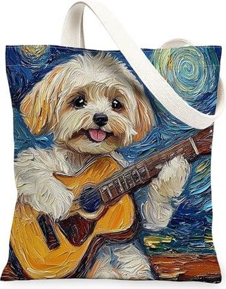 Generic Sac fourre-tout en toile pour le shopping Motif chien maltais 33 x 38 cm, motif guitare &eacute;toil&eacute;e, sac d&eacute;picerie r&eacute;utilisable pour femme, animal de comp